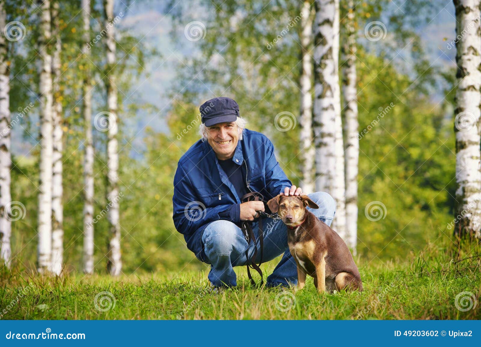 Man Dog trees meadow stock photo. Image of spring, bestager - 49203602