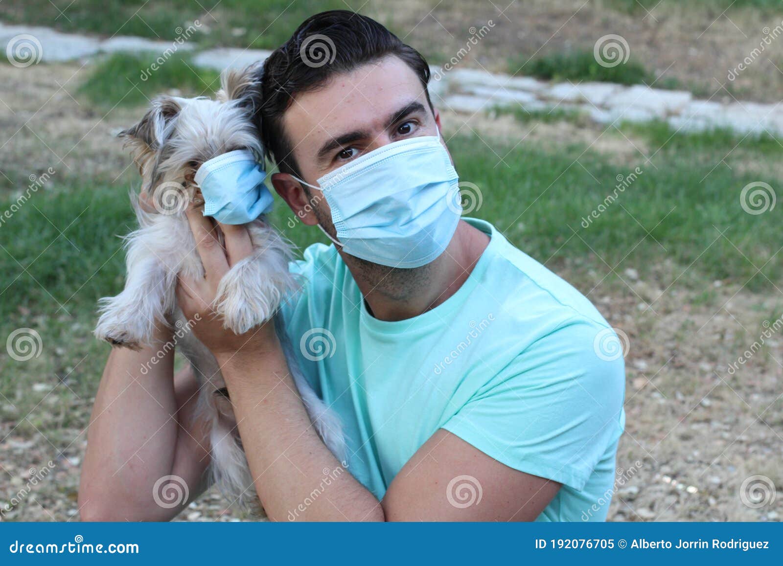 Man and Dog Wearing Both Surgical Mask Outdoors Stock Image - Image of ...