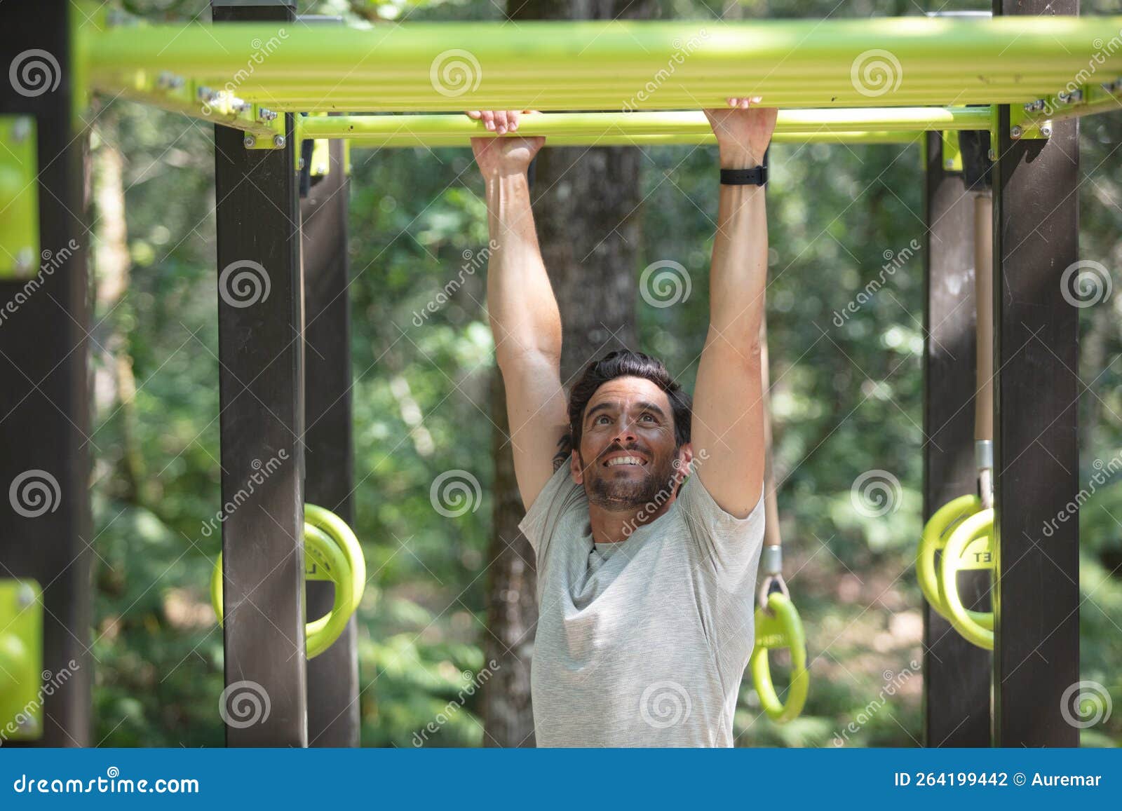 Man Doing Abdominal Exercise on Horizontal Bar in Summer Park Stock ...
