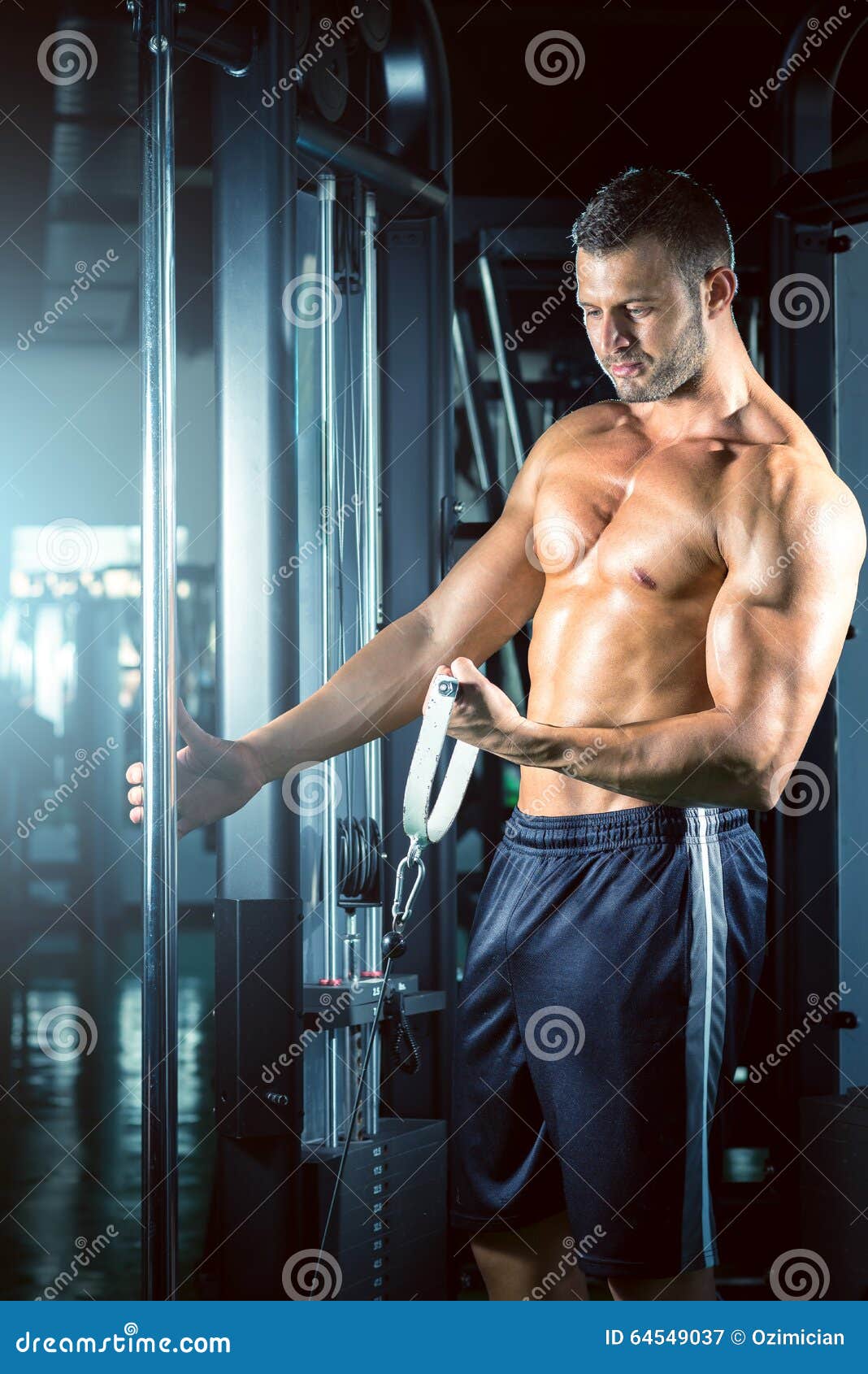 Man doing cable fly in gym stock image. Image of barbell - 64549037