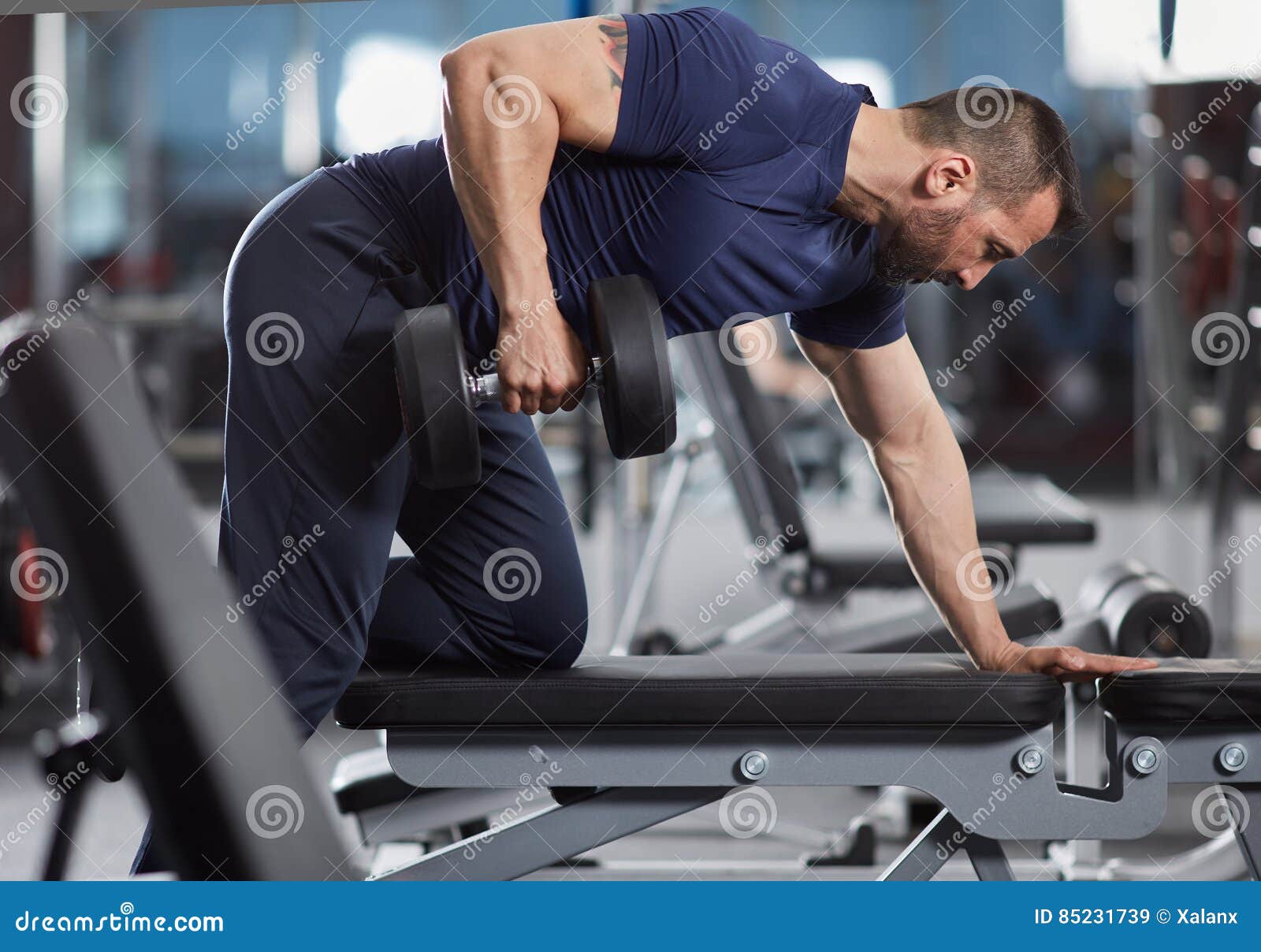 Man Doing Dumbbell Row on Bench Stock Image - Image of bodybuilder ...