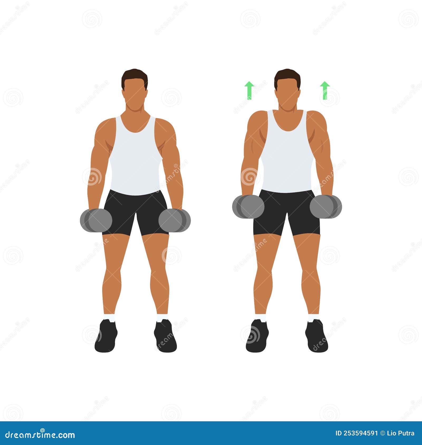 Man Doing Dumbbell Shrugs Front View Exercise. Flat Vector Stock ... Man Doing Dumbbell Shrugs Front View Exercise. Flat Vector Stock ...