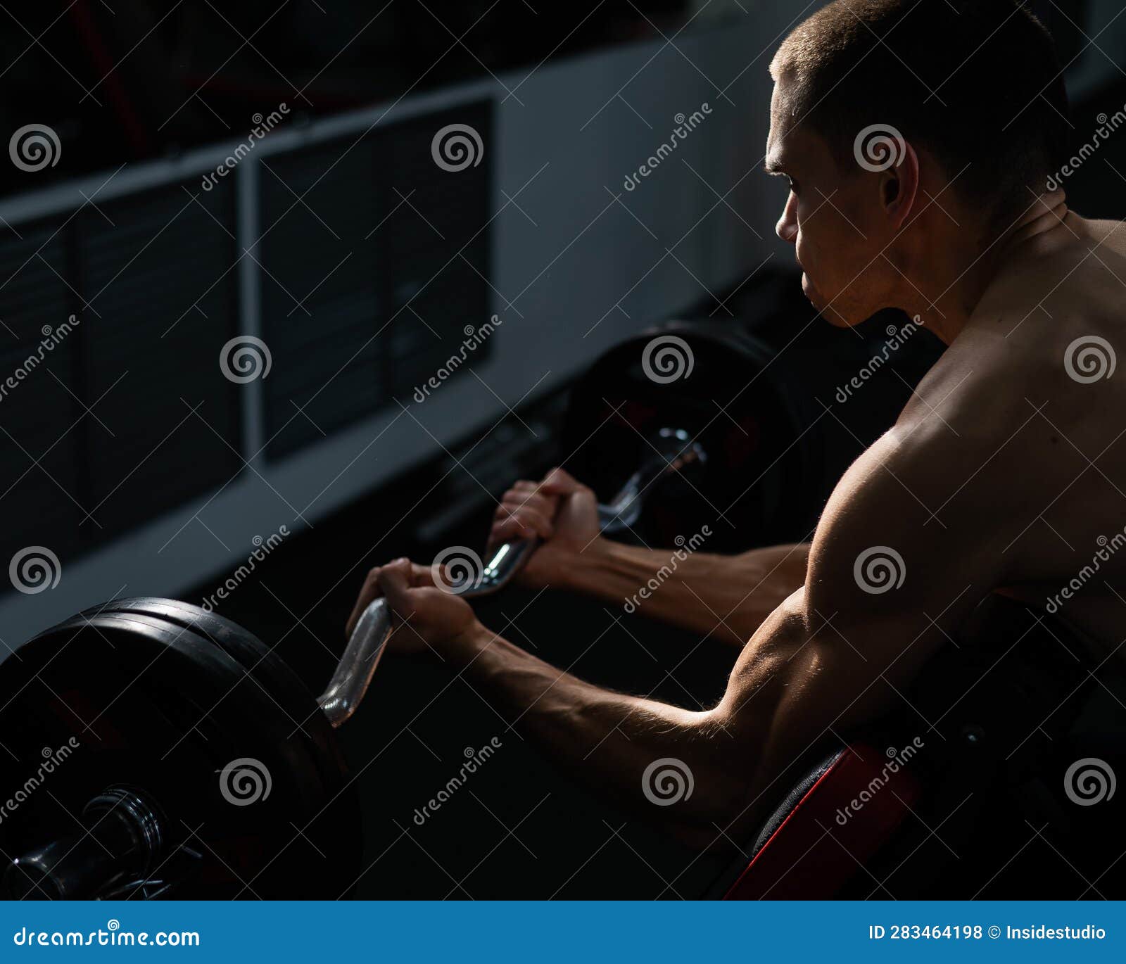 Man Doing EZ Barbell Bicep Exercises on Scott Bench. Stock Photo ...
