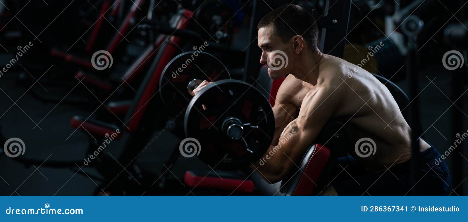 Man Doing EZ Barbell Bicep Exercises on Scott Bench. Stock Image ...