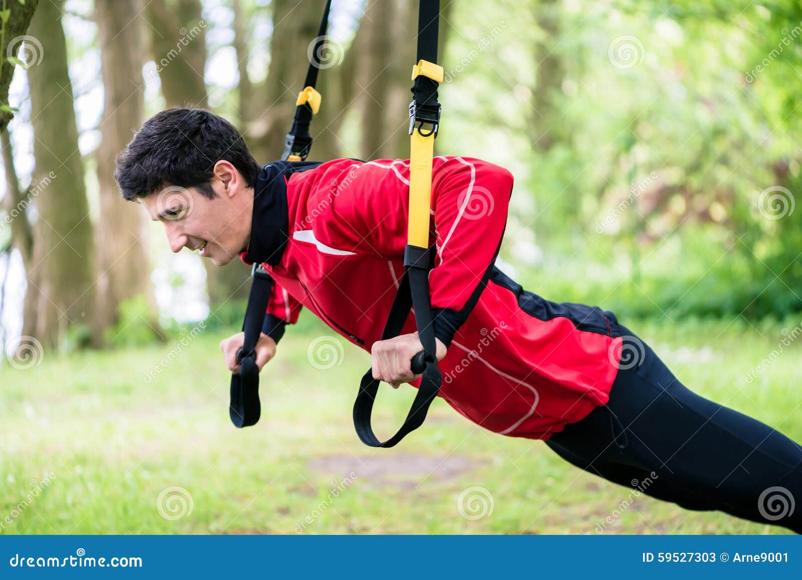 Man Doing Fitness Sling Training Outdoors Stock Image - Image of ...