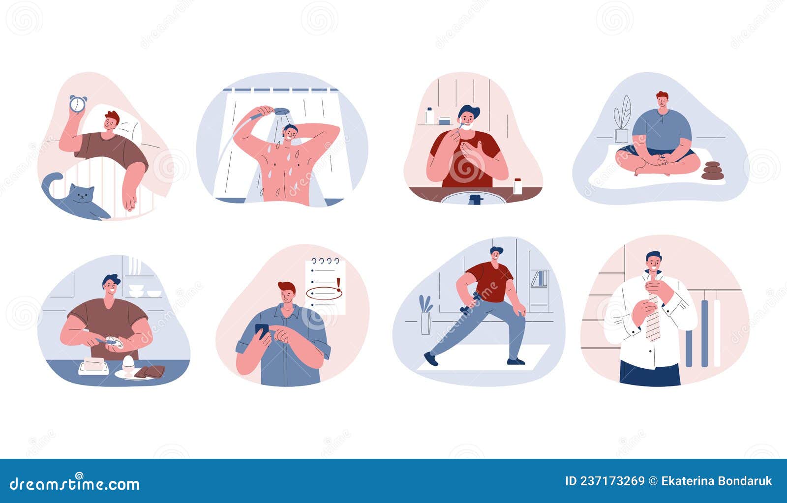 Man is Doing Morning Routine. Set of Vector Illustrations in Flat Style ...