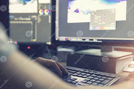 Man Doing Photo and Video Editing on Computer Stock Image - Image of ...
