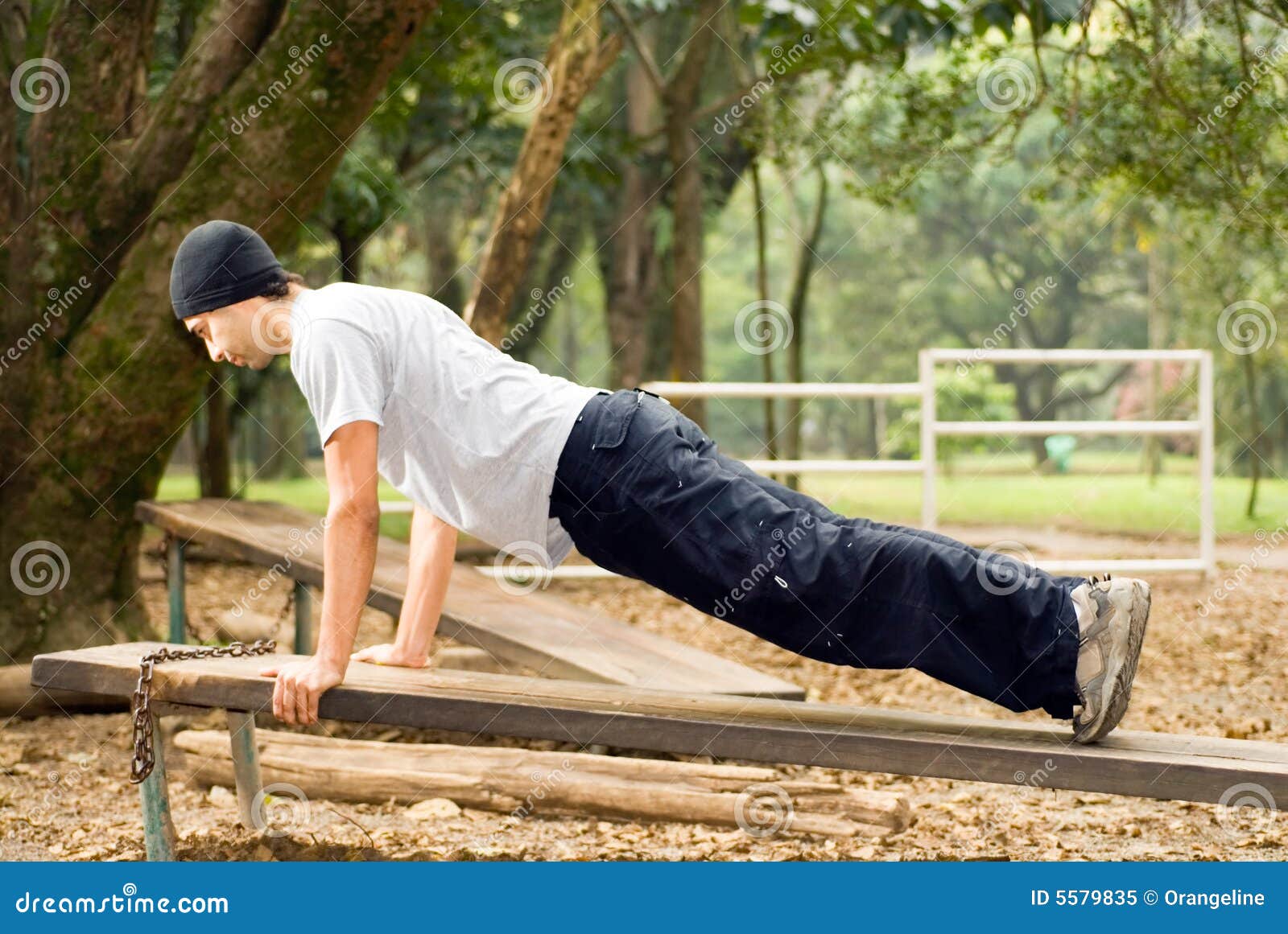 Man Doing Push-Ups on Bench in Park - Horizontal Stock Image - Image of ...