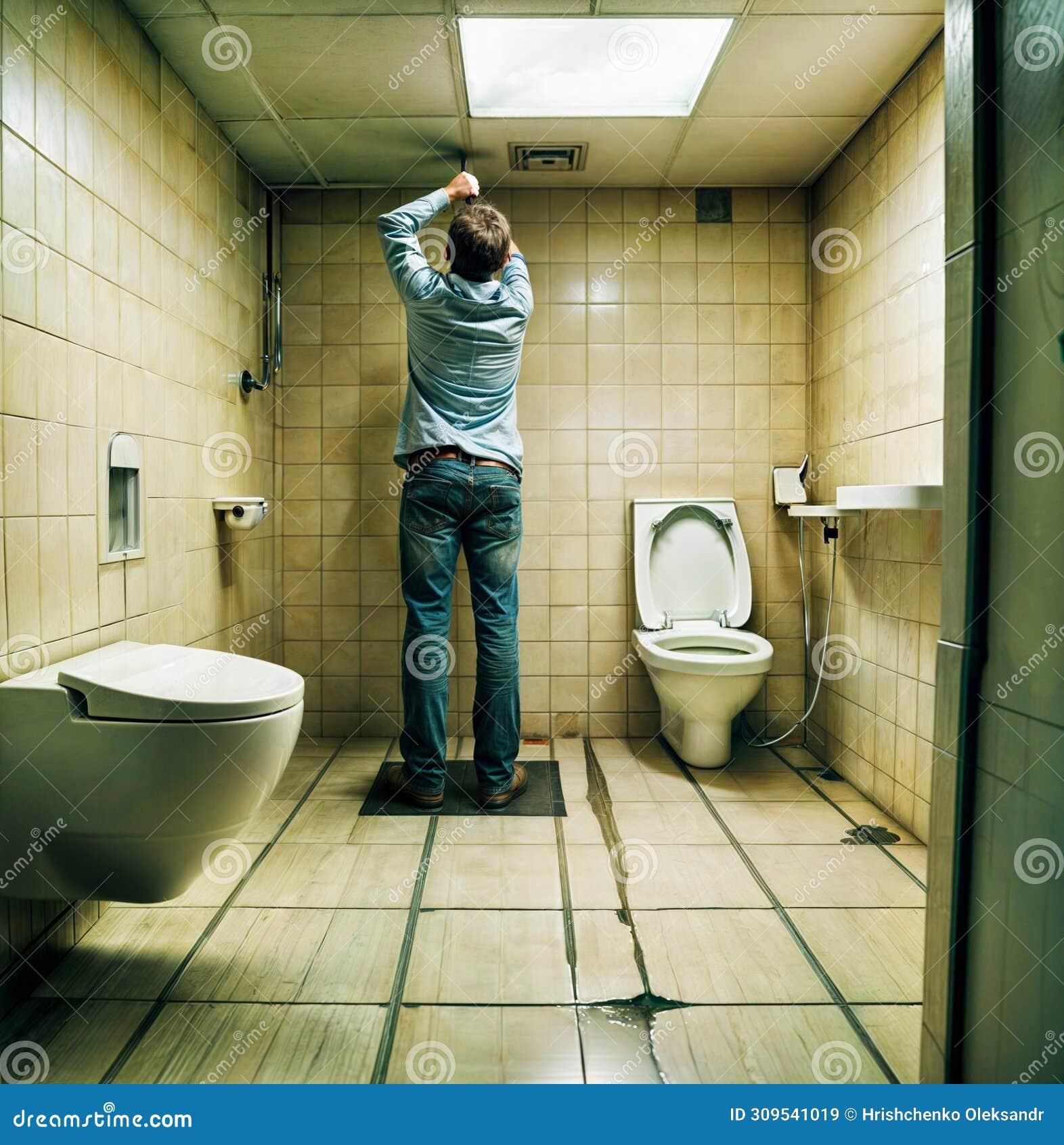 A Man is Doing Repairs in a Public Toilet Stock Illustration ...