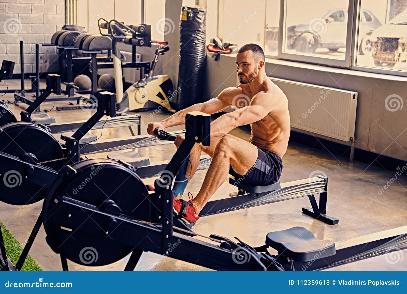 A Man Doing Workouts on a Back with Power Exercise Machine Stock Image ...