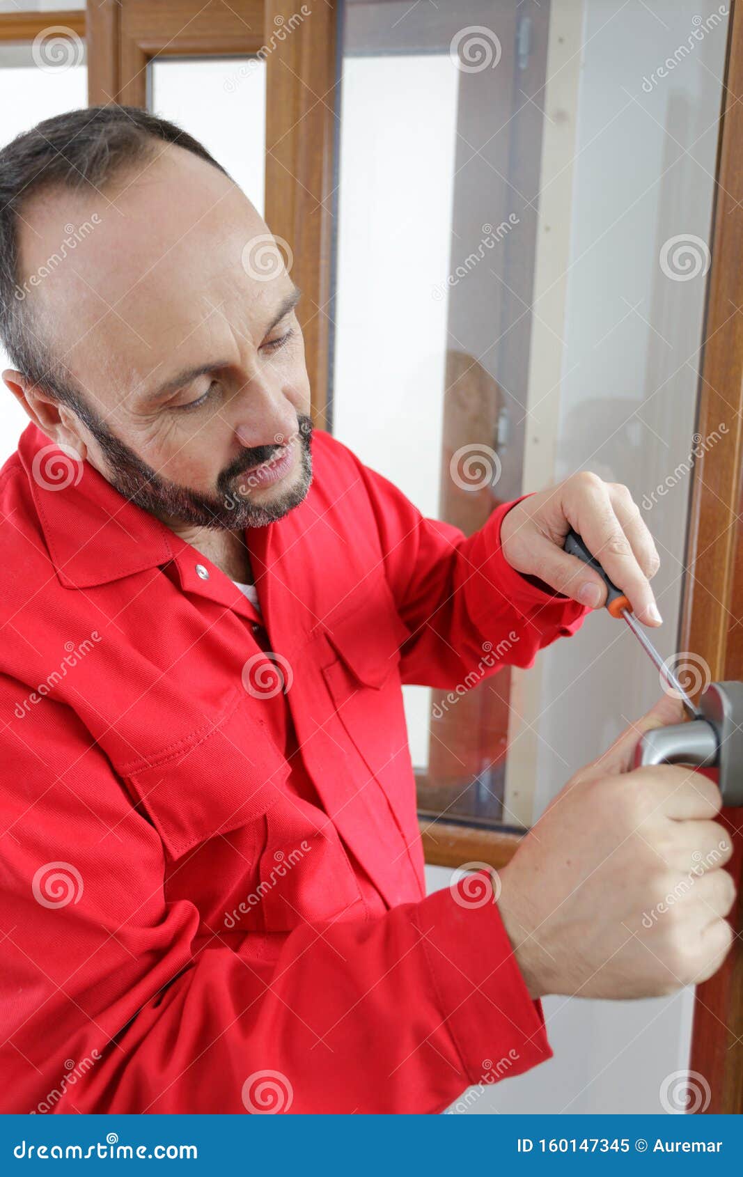 Man during Door Lock Repair Stock Image - Image of close, handle: 160147345