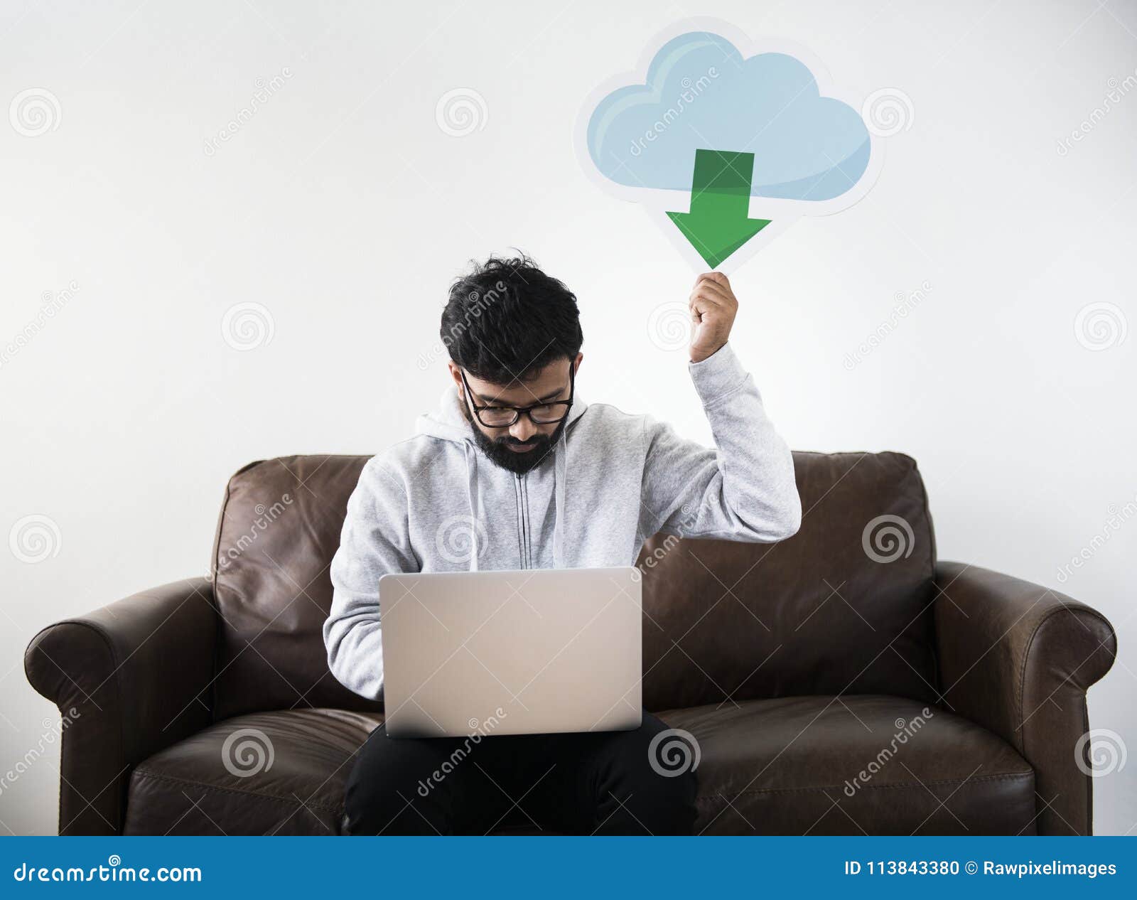 Man Downloading Data from Cloud Storage Stock Photo - Image of ...