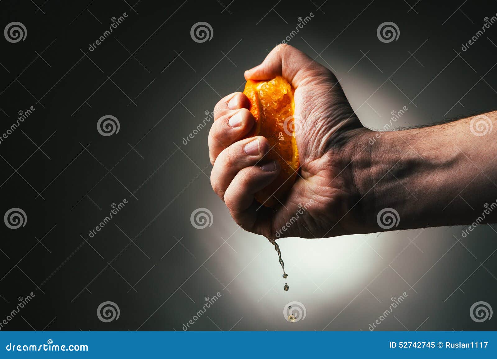 Man Dramatic Squeezes Orange. Conceptis Tired from Work. Stock Image ...