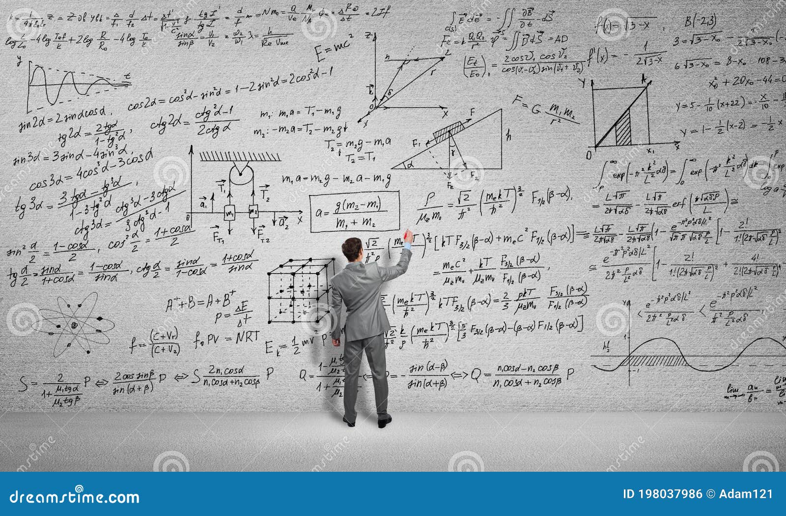 Man draw science formulas stock photo. Image of class - 198037986