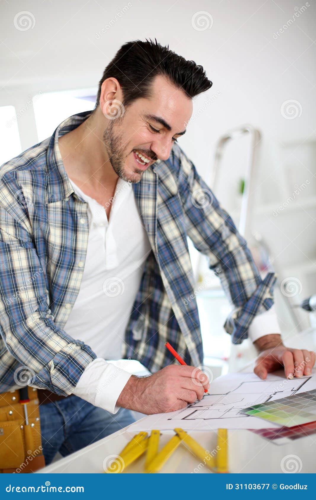 Man Drawing Blueprint before Beginning Works Stock Image - Image of ...