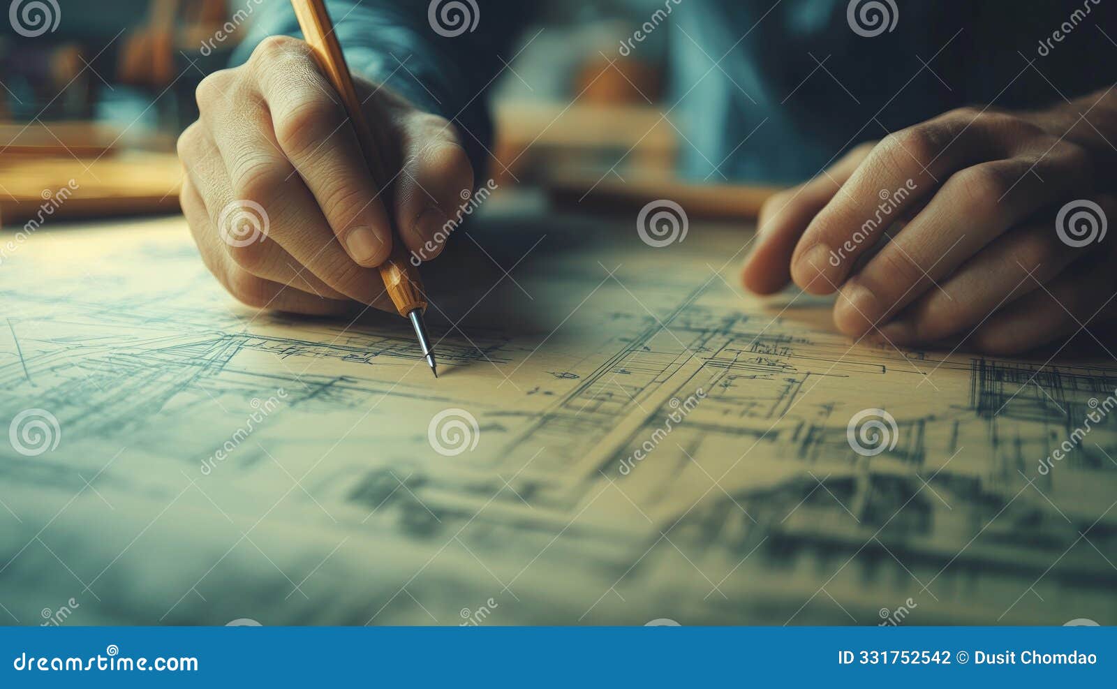 A Man is Drawing a Blueprint with a Yellow Pen Stock Photo - Image of ...