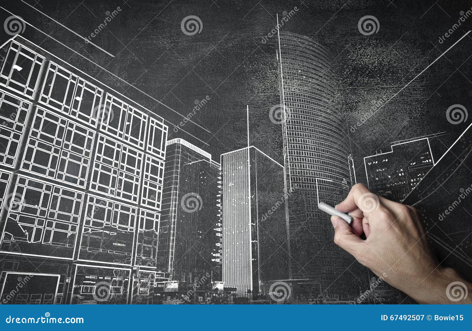Man Drawing Buildings on a Backboard Stock Image - Image of black ...