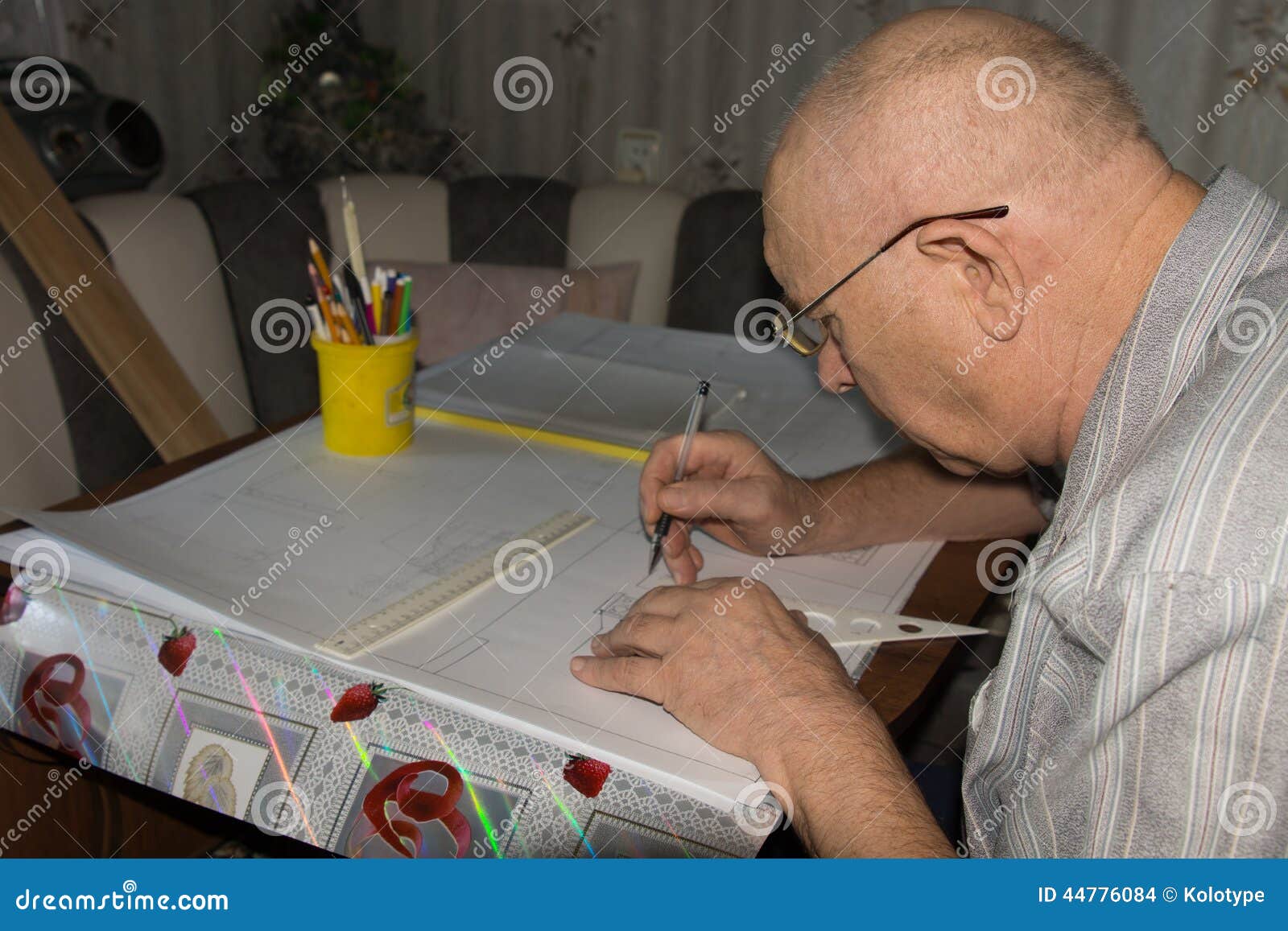 Man Drawing with Drafting Instruments Stock Photo - Image of print ...