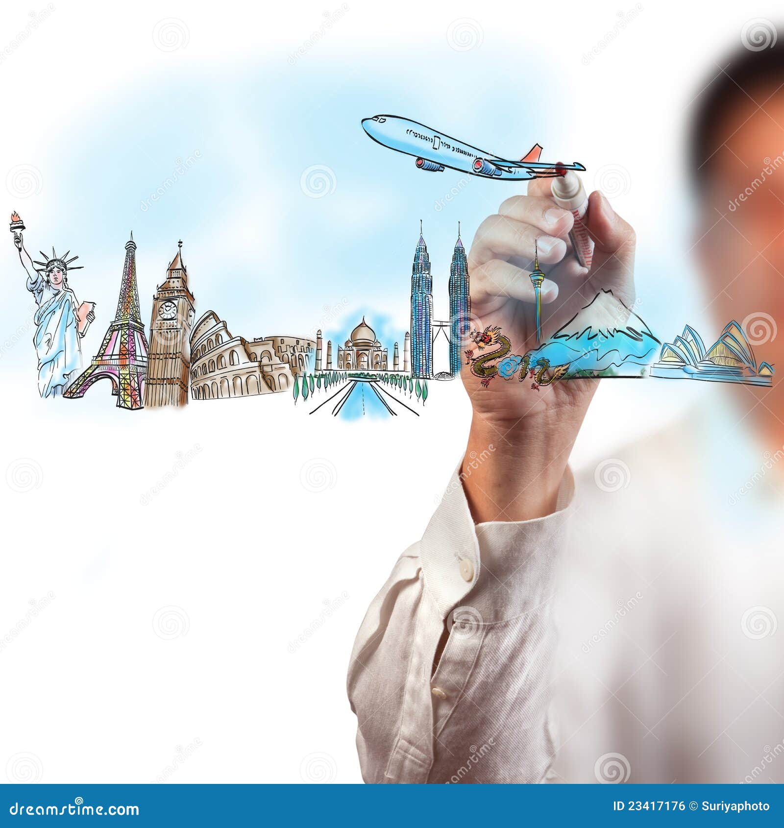 Man Drawing the Dream Travel Arounf the World Stock Photo - Image of ...