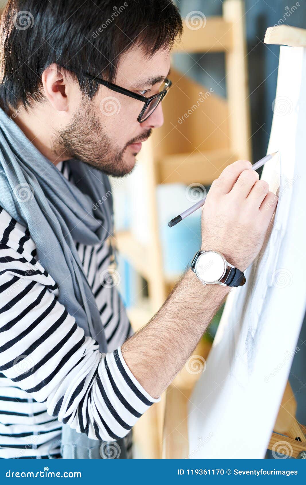Man Drawing with Pencil on Easel Stock Photo - Image of artwork, hobby ...