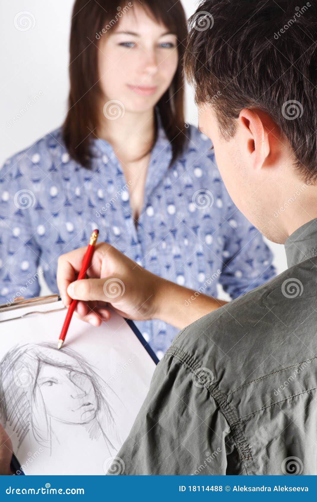 Man Drawing Portrait of Woman Stock Photo - Image of shirt, adult: 18114488