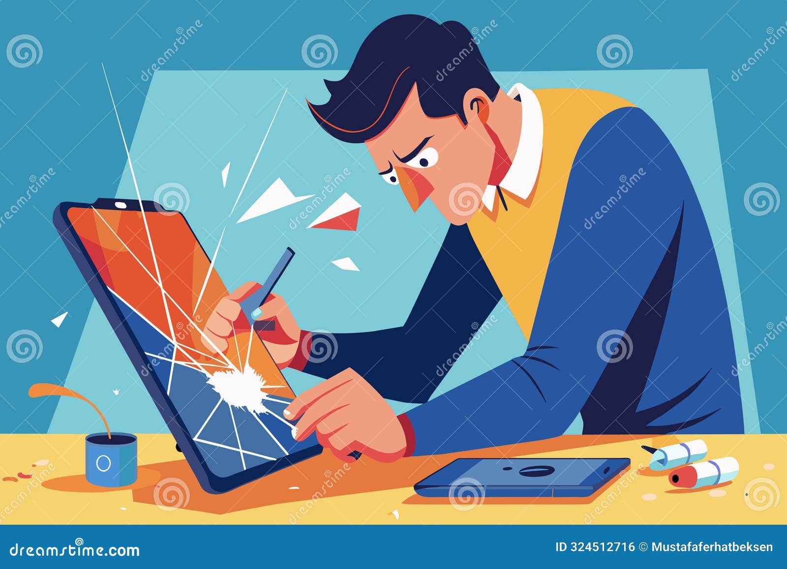 A Man is Drawing on a Tablet with a Broken Screen Stock Illustration ...