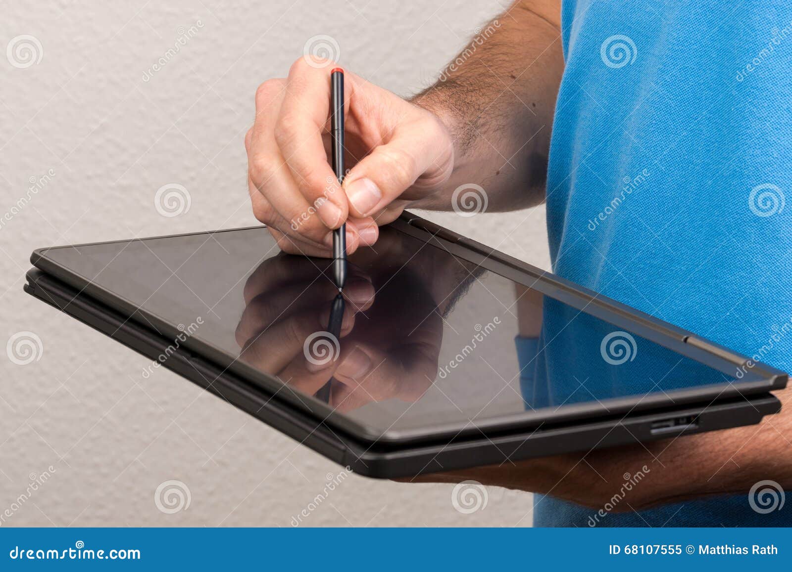 Man is Drawing on a Tablet Laptop Screen Stock Image - Image of design ...