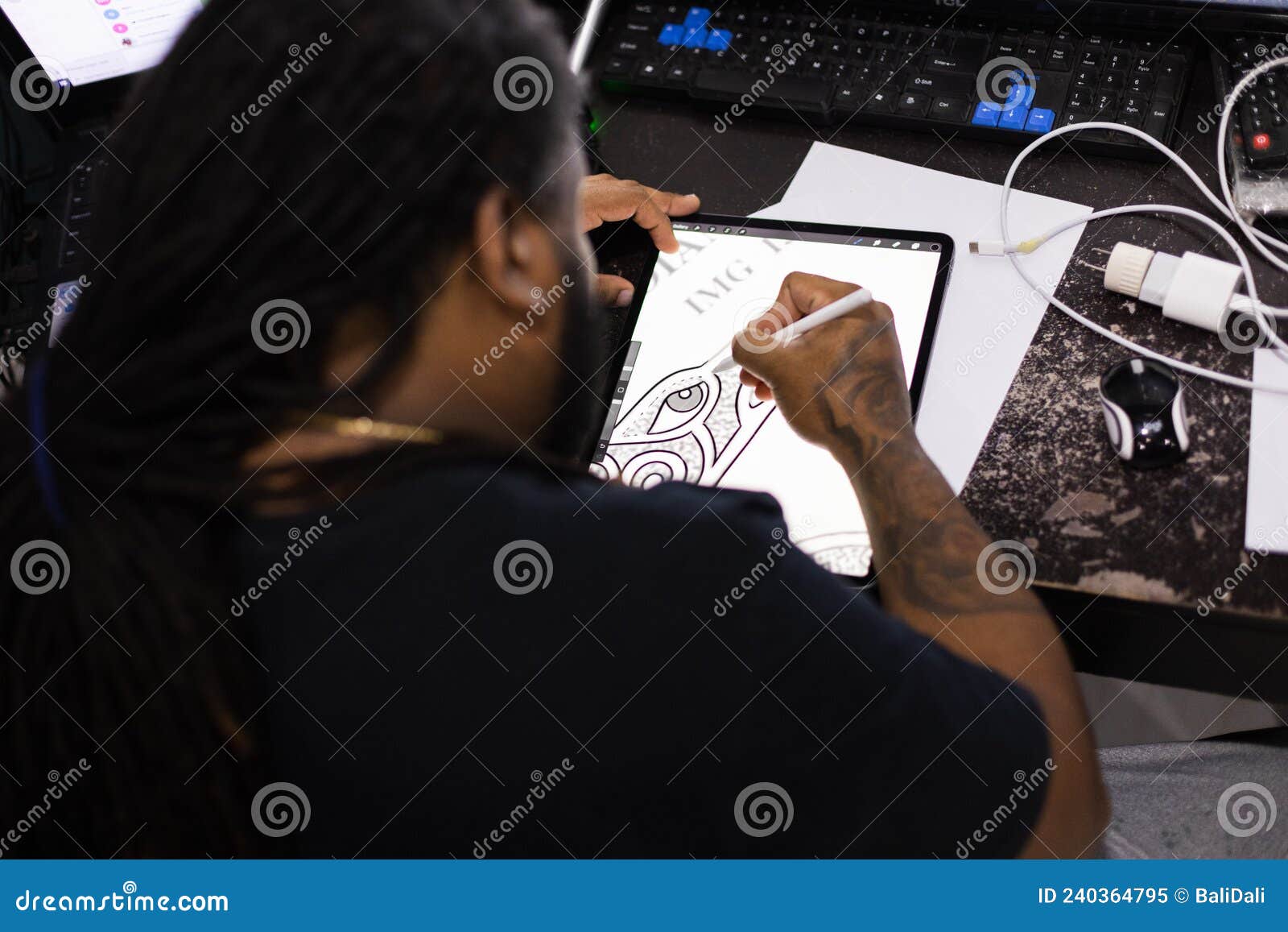 Man Drawing on a Tablet. Rear View Stock Image - Image of lines, tablet ...