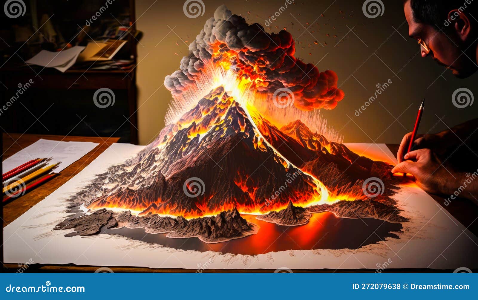 Man is Drawing Volcano on Piece of Paper. Generative AI Stock ...