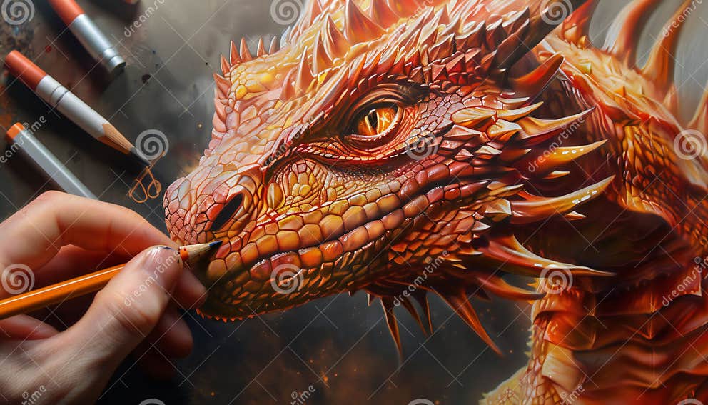 A man draws a red dragon stock illustration. Illustration of reptile ...