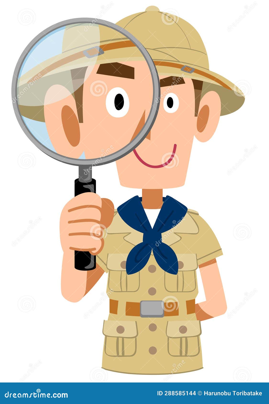 A Man Dressed As an Explorer Looking through a Magnifying Glass Upper ...