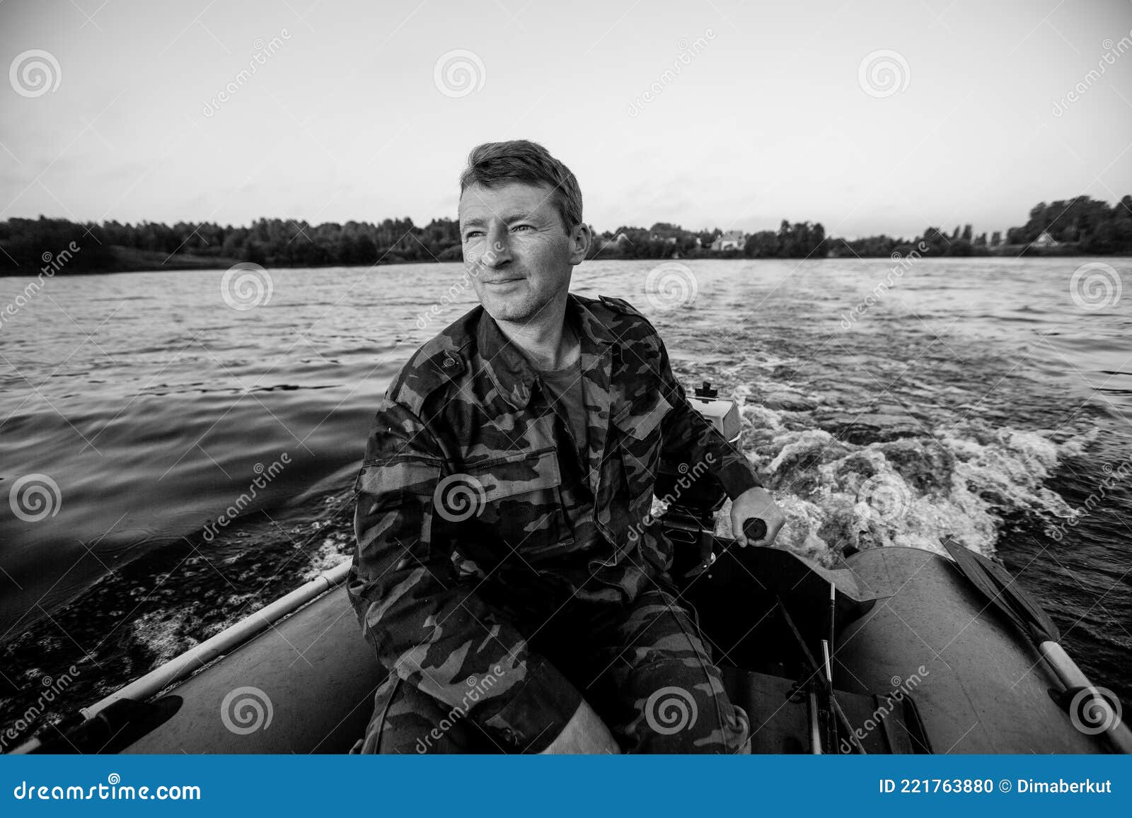 Motor Rubber Boat With People Floating On The River. Top View Stock ...