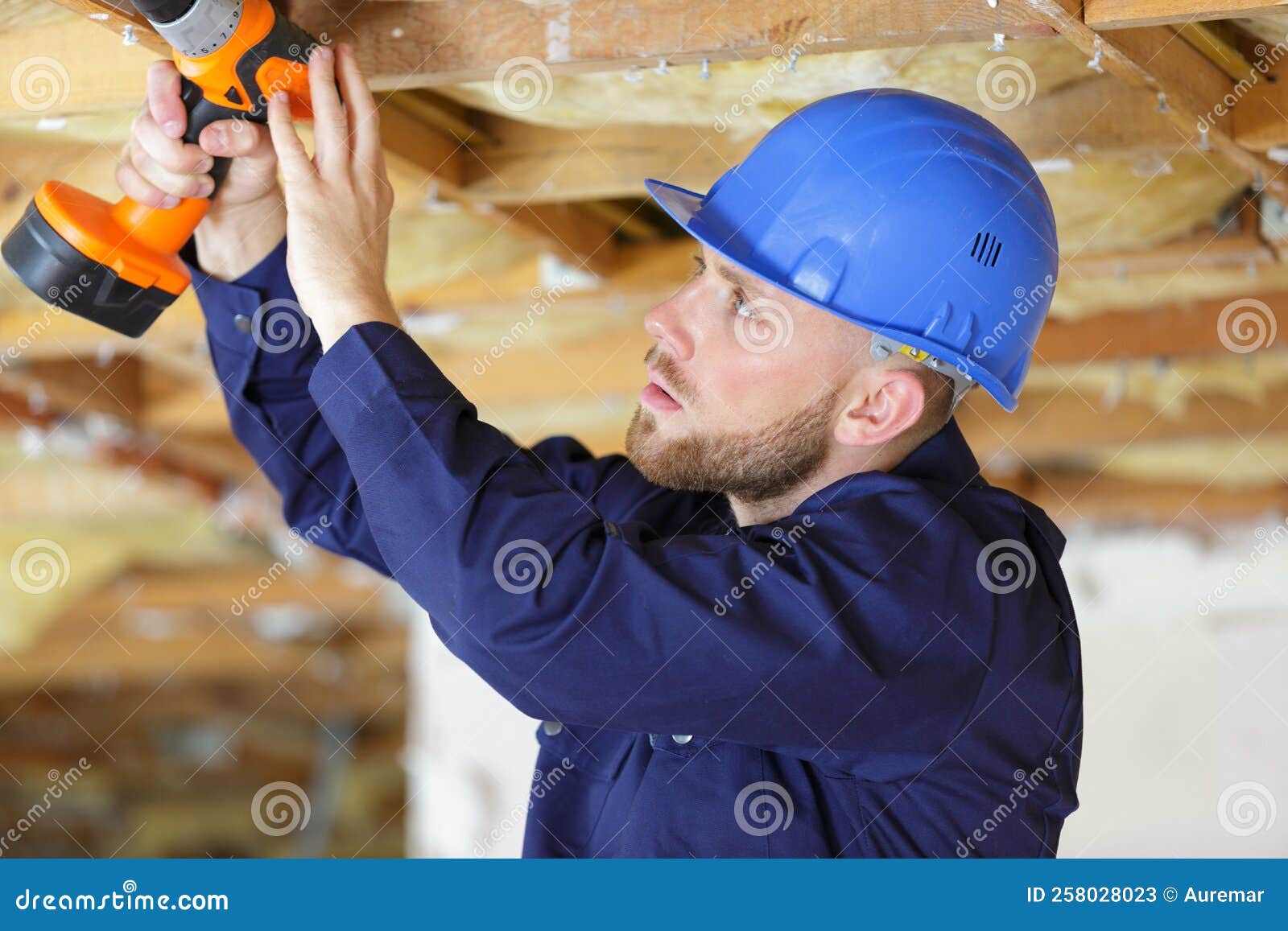Man with Drill on Building Site Stock Image - Image of interior ...