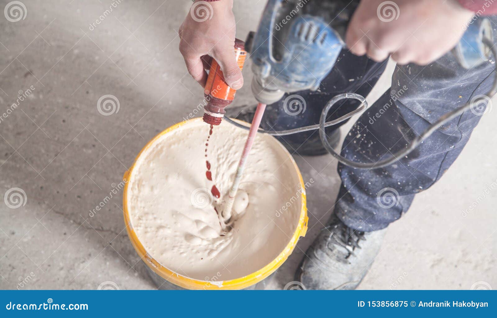 Man with a Drill Mixing Paint. Renovation Stock Image - Image of ...