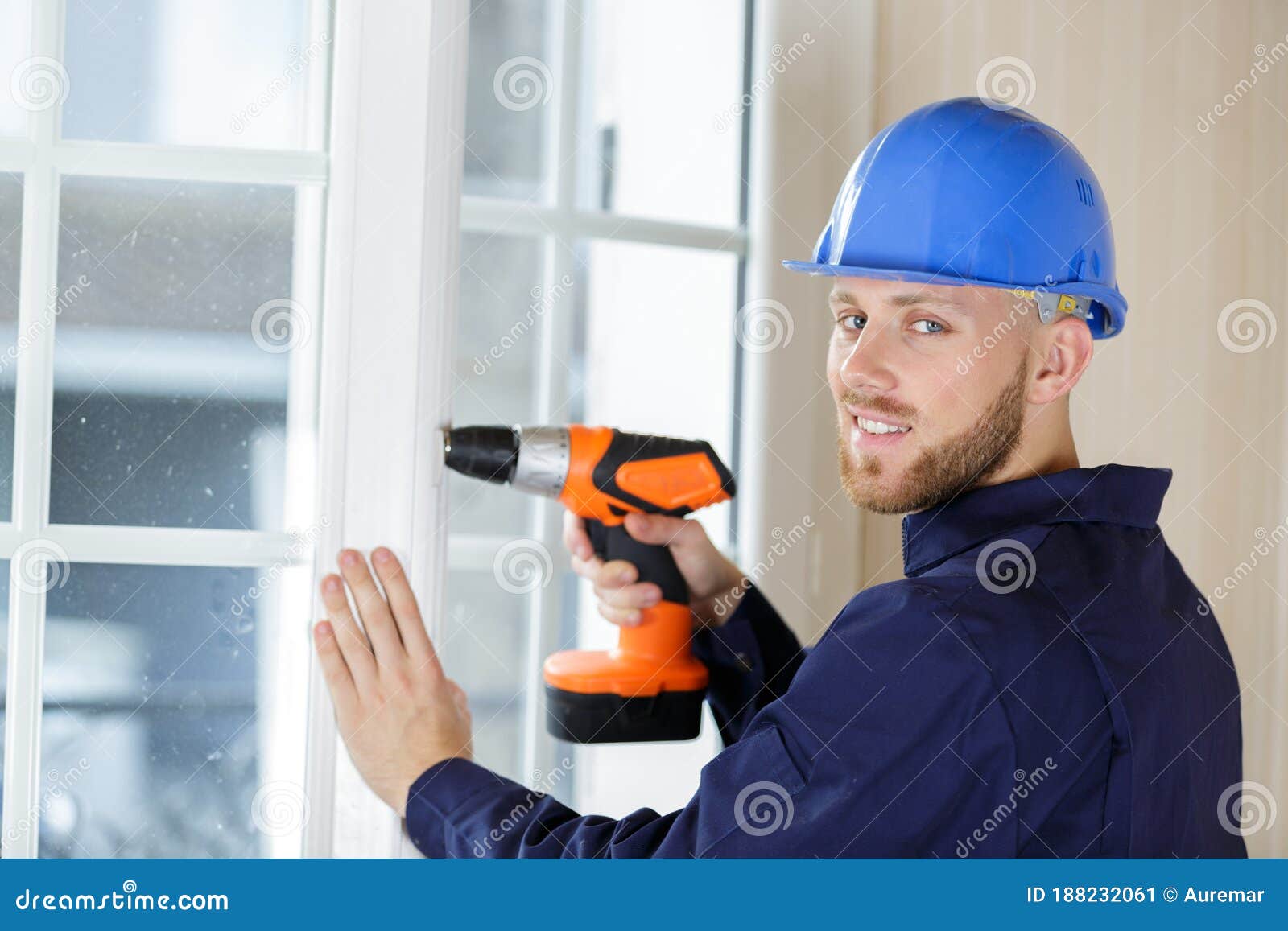 Man Drilling Hole in Window Frame Stock Image - Image of renovate ...