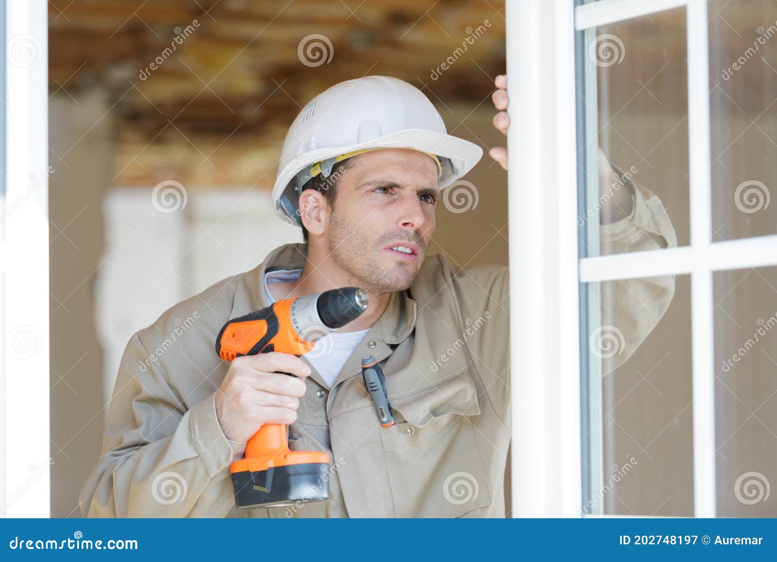 Man Drilling Hole in Window Frame Stock Image - Image of installation ...