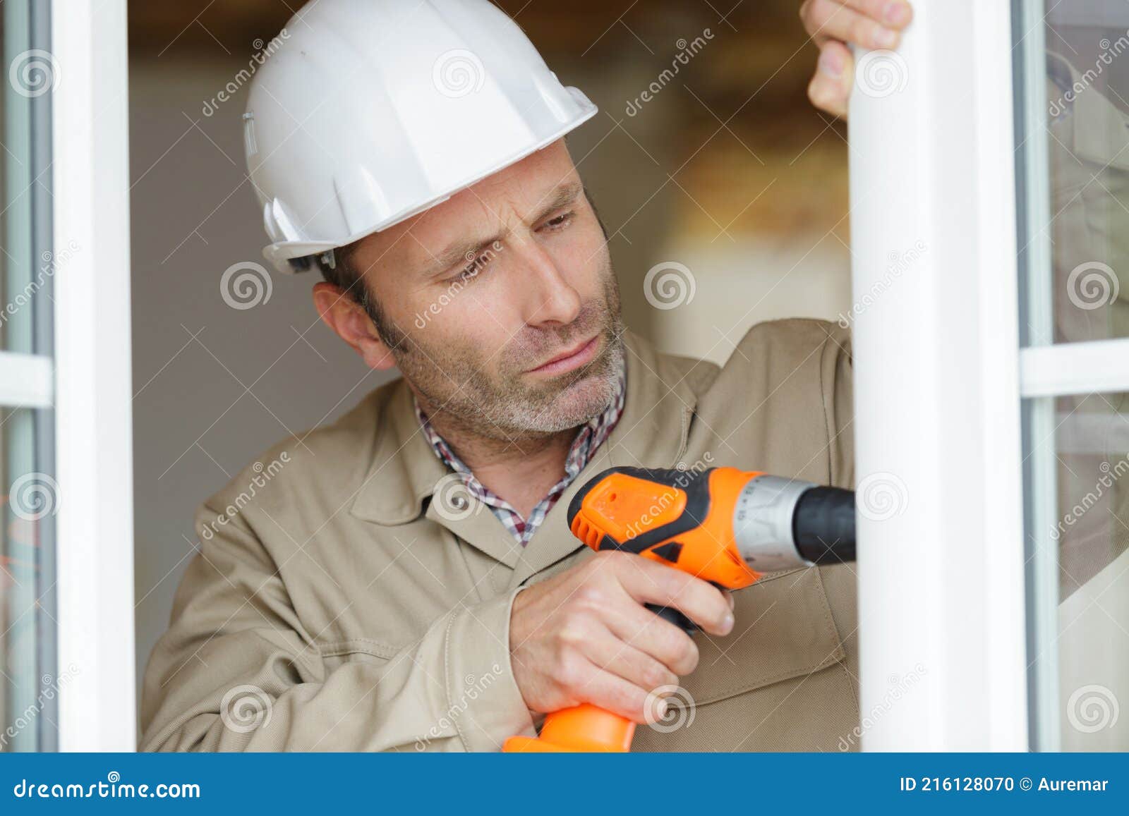 Man Drilling Hole in Window Frame Stock Photo - Image of renovate ...