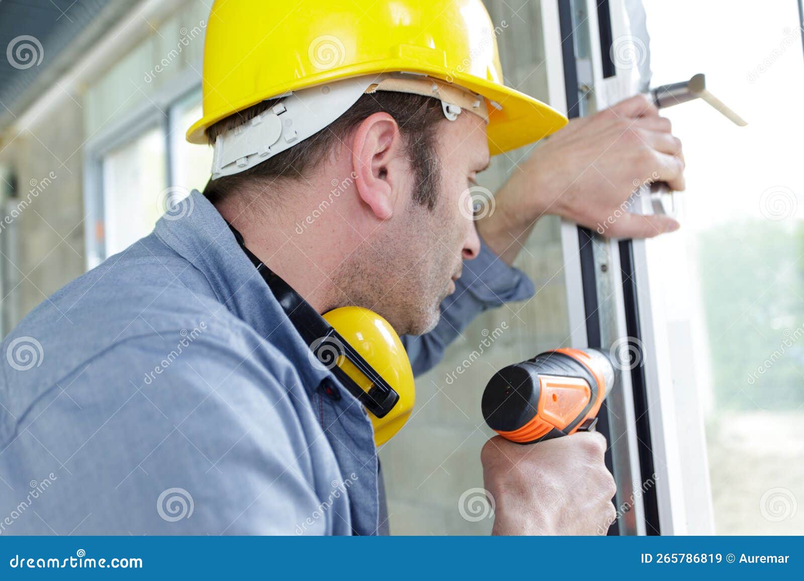 Man Drilling Hole in Window Frame Stock Image - Image of shutter ...