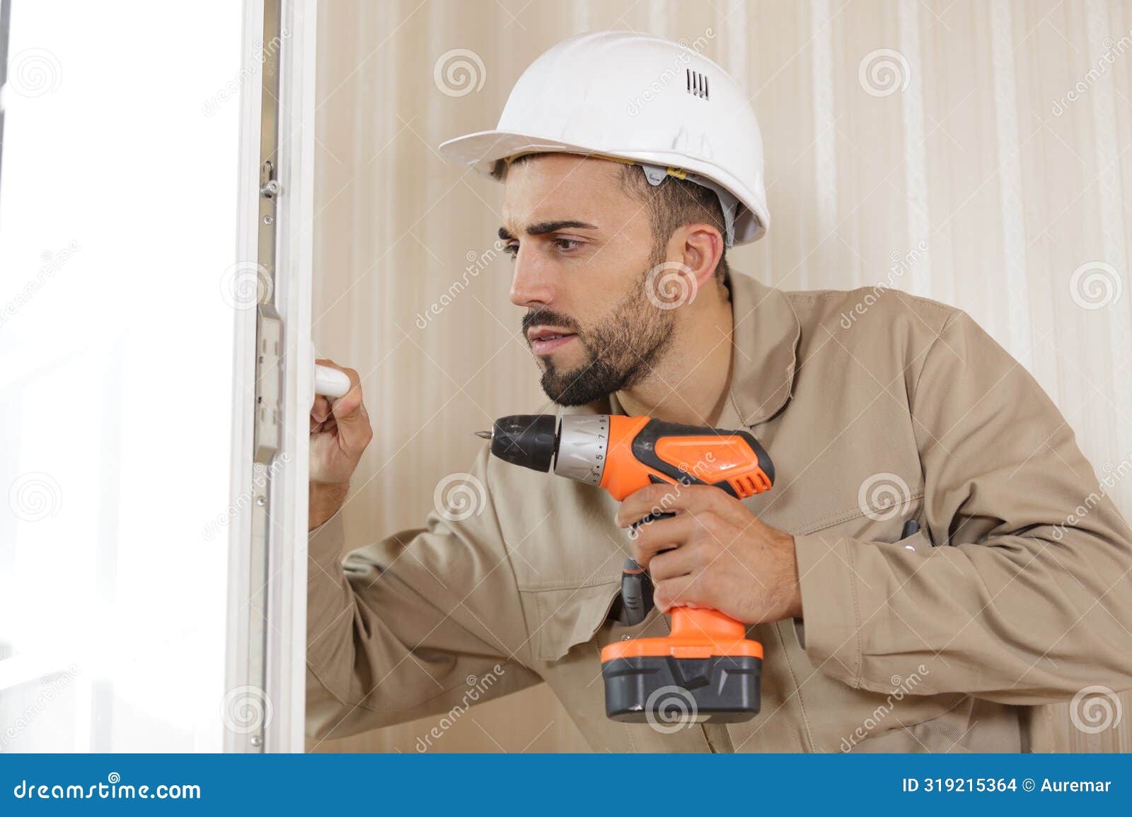 Man Drilling Hole in Window Frame Stock Photo - Image of working, male ...