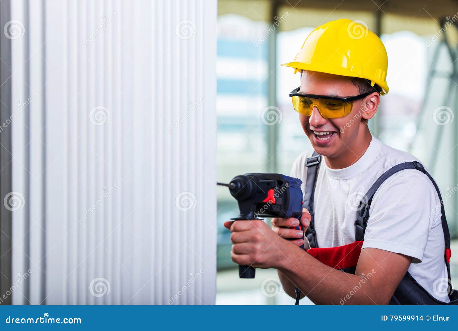 The Man Drilling the Wall with Drill Perforator Stock Photo - Image of ...