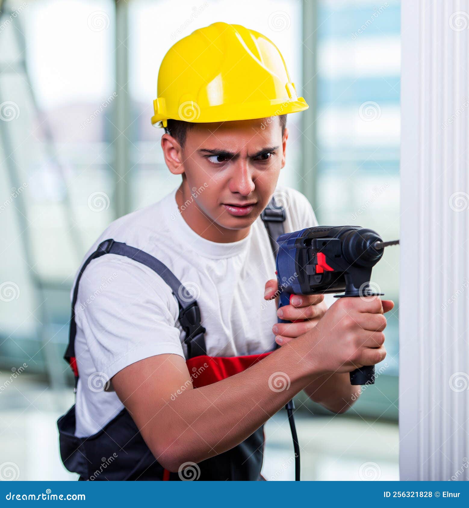 Man Drilling the Wall with Drill Perforator Stock Photo - Image of ...