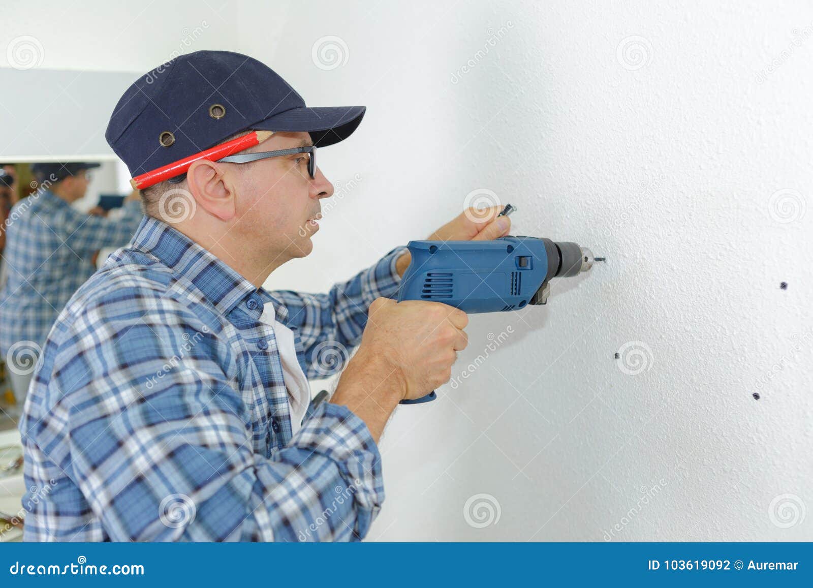 Man Drilling Wall with Impact Drill Stock Photo - Image of improvement ...
