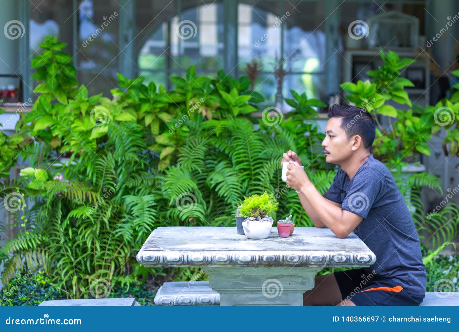Man Drink Coffee in the Morning at Coffee Shop Stock Image - Image of ...