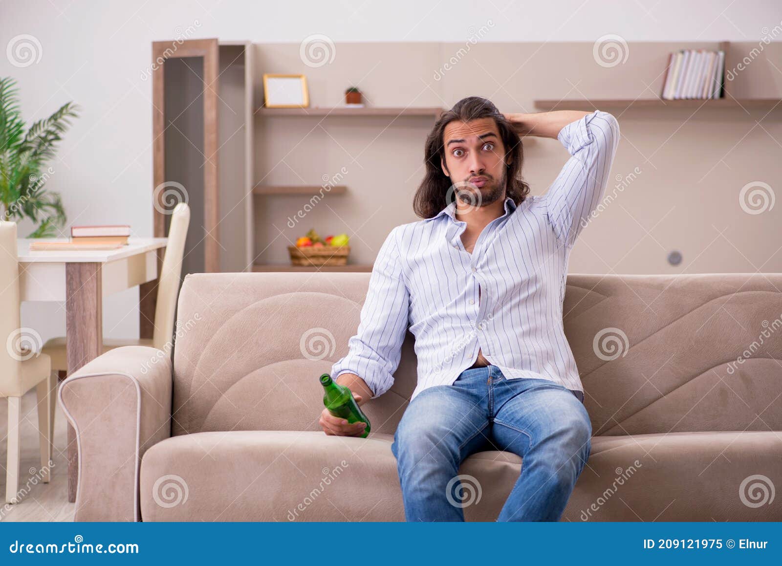Young Man Drinking Alcohol at Home Stock Image - Image of headache ...