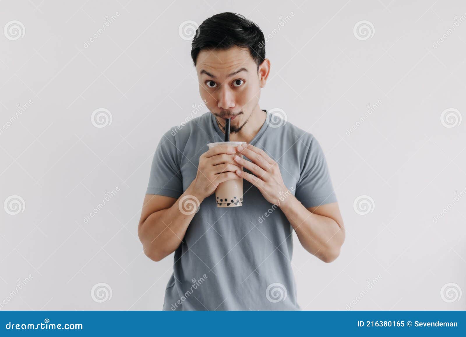 Man Drinking Boba Tea Or Bubble Tea Deliciously Isolated On White ...