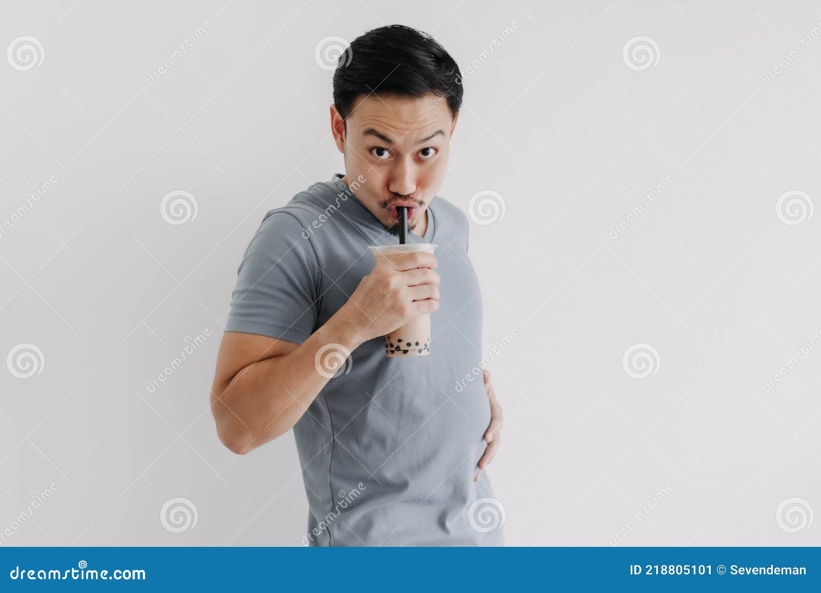 Man Drinking Boba Tea or Bubble Tea Deliciously Isolated on White ...