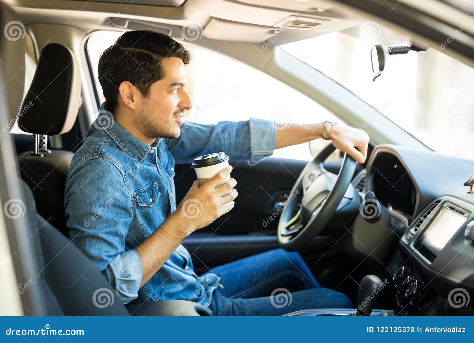 Man Drinking Coffee while Driving Stock Photo - Image of happy, outdoor ...