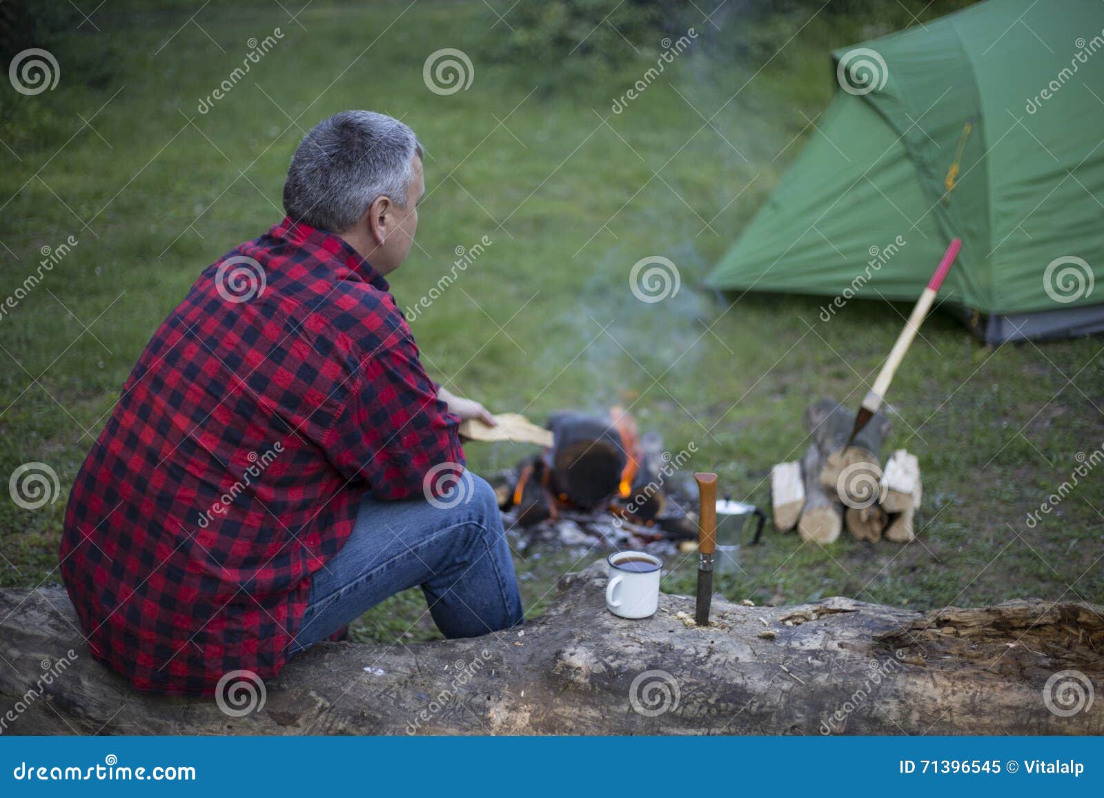 Man Drinking Coffee by the Fire. Stock Image - Image of outdoor, picnic ...