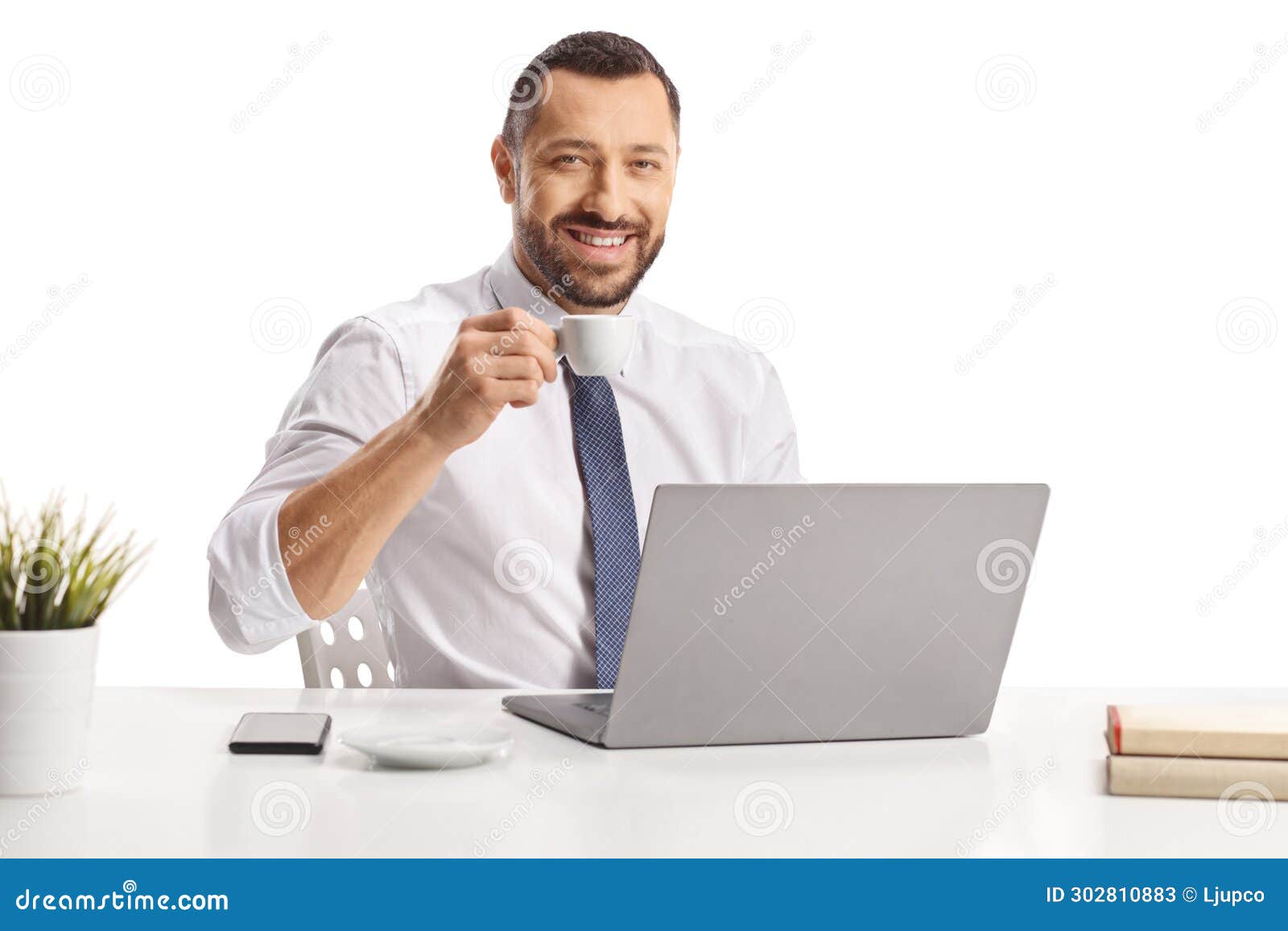 Man Drinking Espresso Coffee and Working on a Laptop Computer Stock ...