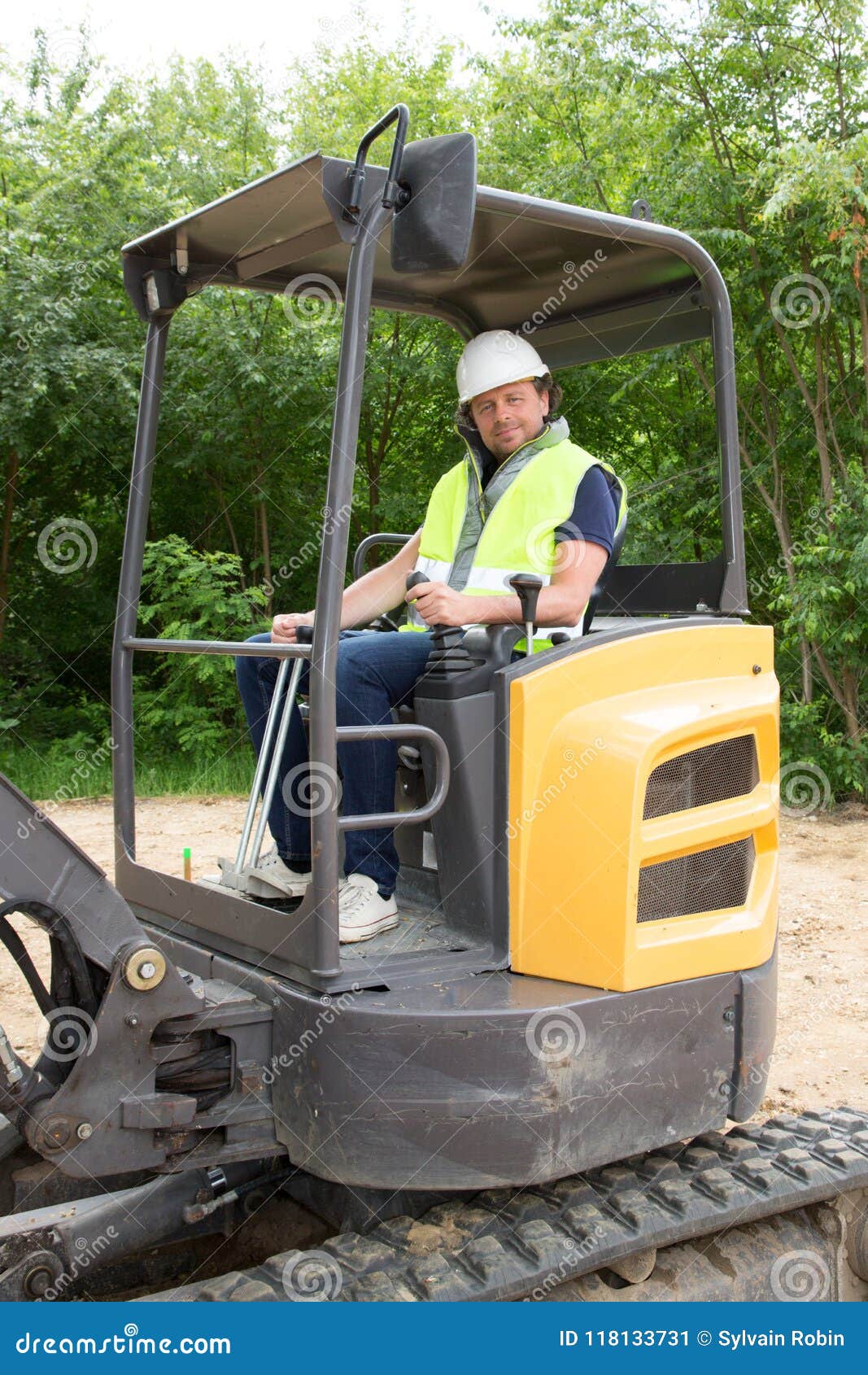 Man Driver Excavator Loader Machine during Earthmoving Works Outdoors ...